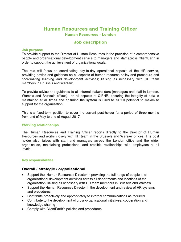 Job Description Human Resources and Training Officer | PDF | Human ...