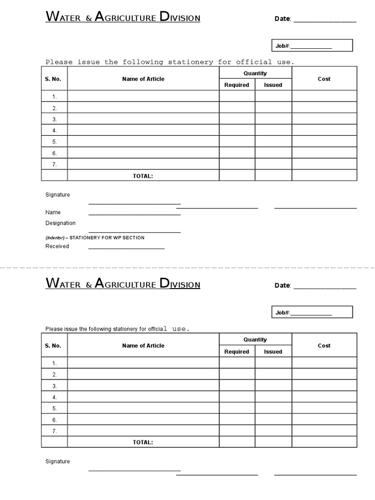 REQUISITION SLIP FOR STATIONERY