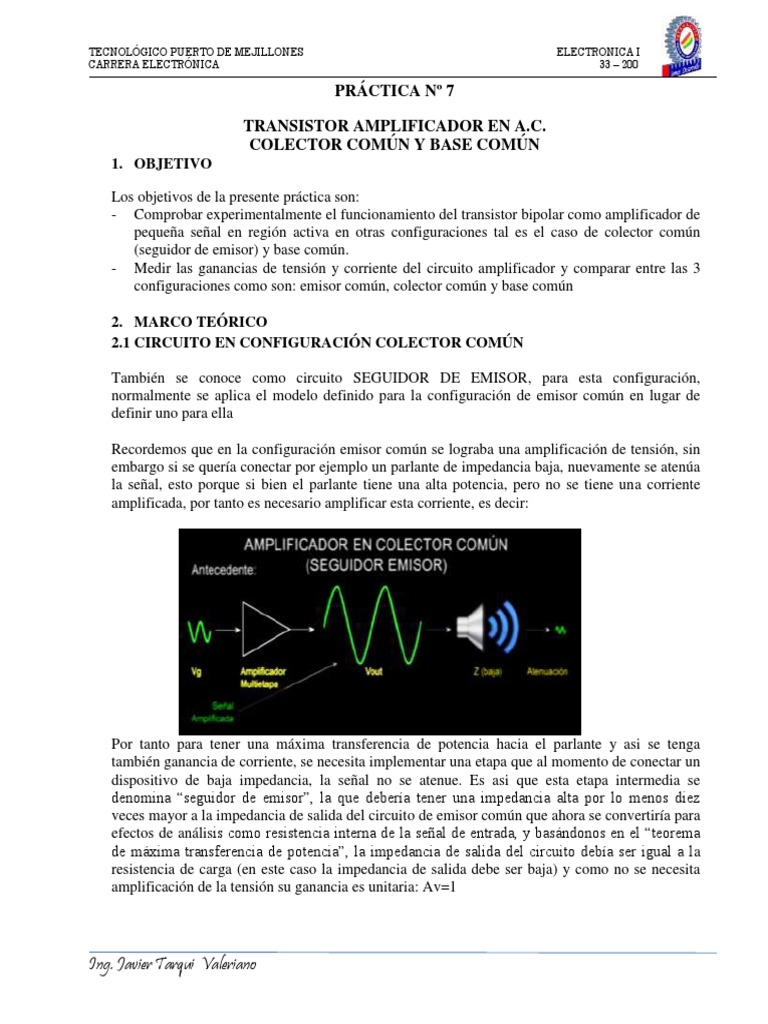 ELECTRONICA Practica 7 Amplificador Base Comun Colector Comun | PDF ...