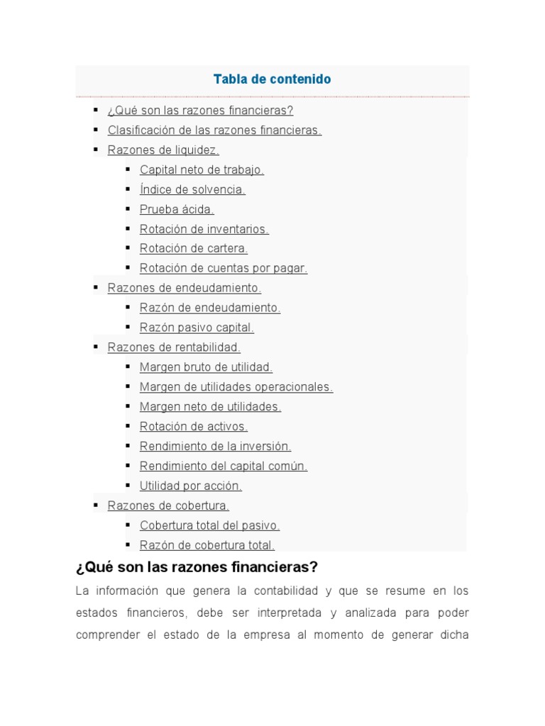 Tabla de Razones Financieras | PDF | Ratio financiero | Rentabilidad ...