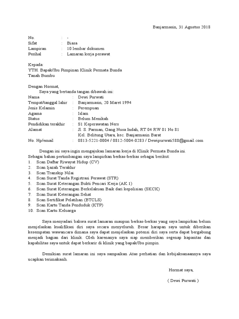 Surat Lamaran - Klinik Permata Bunda | PDF