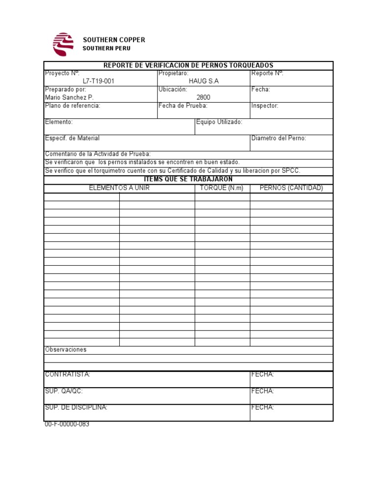2800 Registro de Torque Pernos PROTOCOLO | PDF