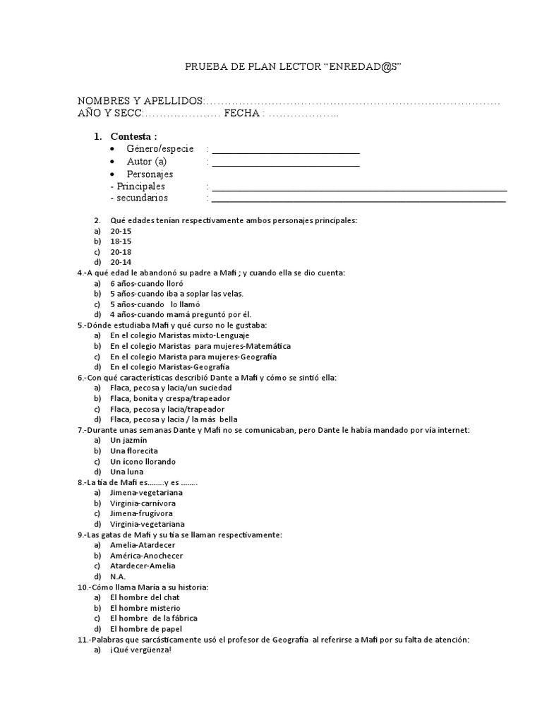 Prueba de Comprensión Lectora "Enredad@s" | PDF