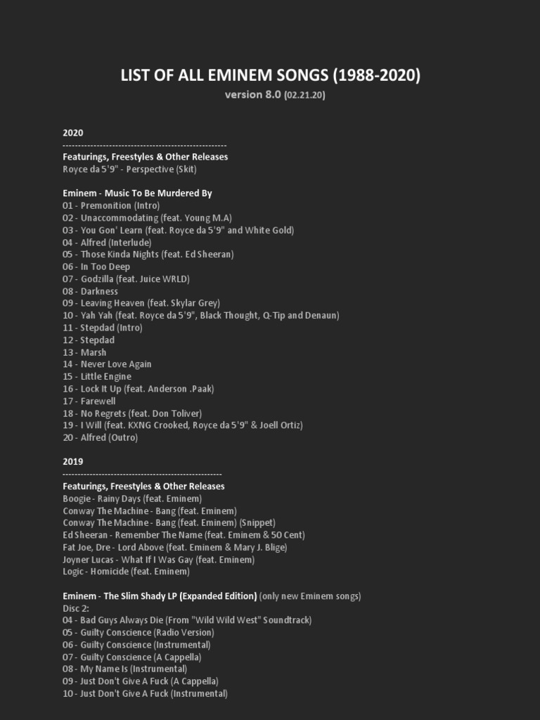 List of All Eminem Songs (1988-2020) | PDF | African American Music ...