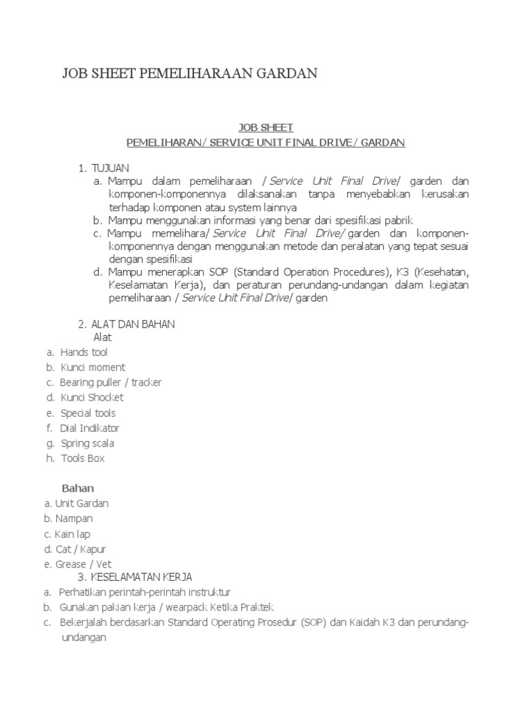 Job Sheet Pemeliharaan Gardan | PDF