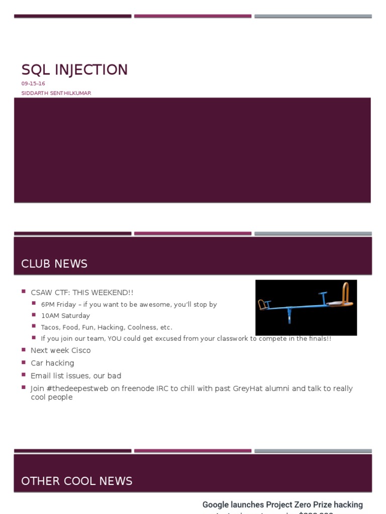 09 15 16 Greyhat Sql Injection Download Free Pdf Sql World Wide Web