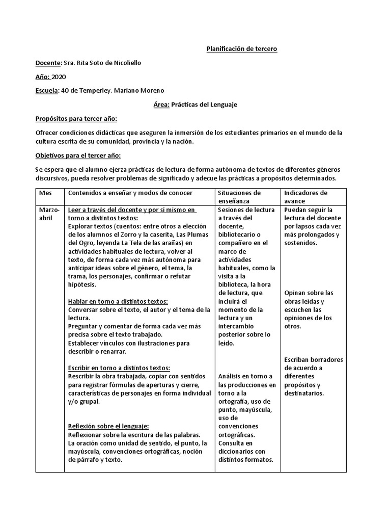 Planificación de Tercero (Prácticas Del Lenguaje) | PDF | Escritura | Autor