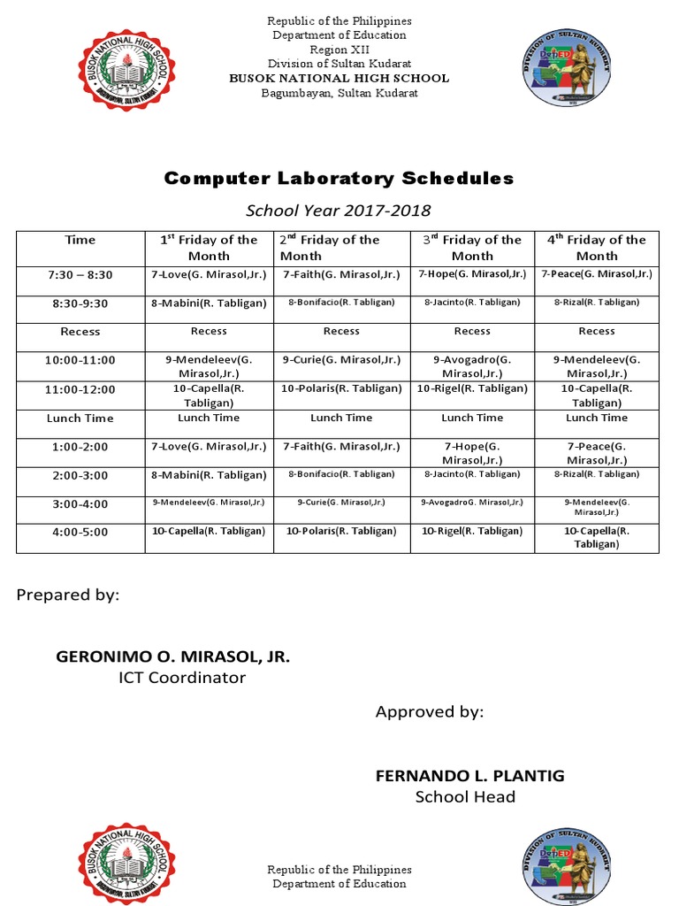 Computer Lab Schedule | PDF | Philippines