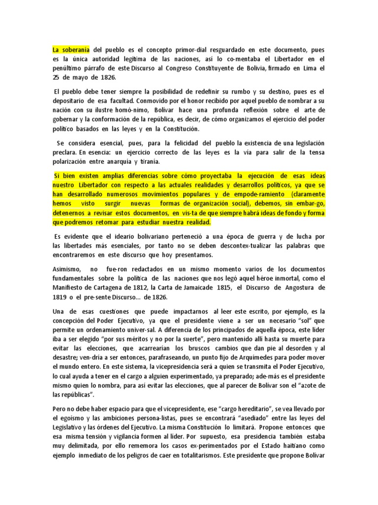 Bolívar presenta su proyecto de Constitución para Bolivia en 1826 | PDF ...