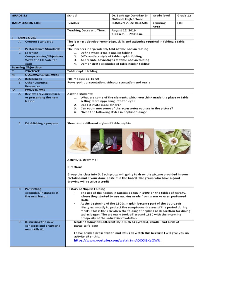 Table Napkin DLL 5 | PDF | Lesson Plan | Learning