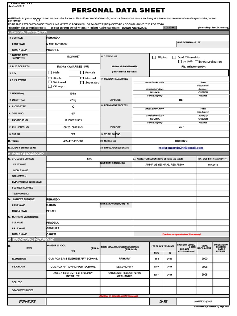 Blank PDS 2017 | PDF | Security Guard | Justice