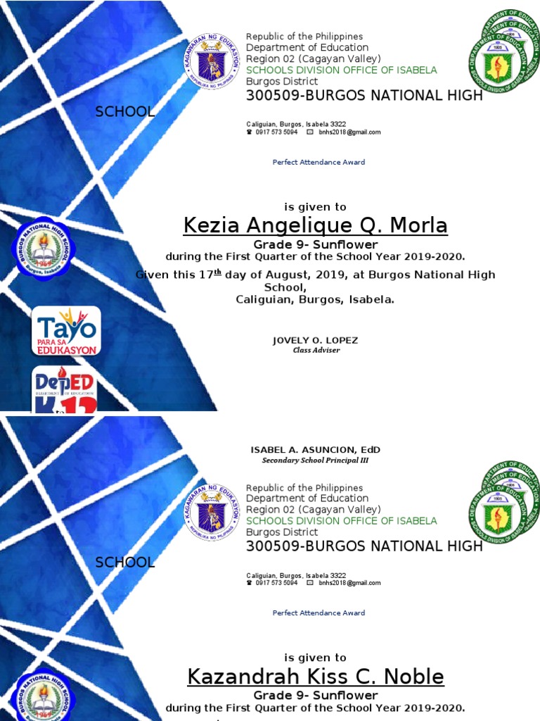 Certificate of Perfect Attendance Per Quarter | PDF