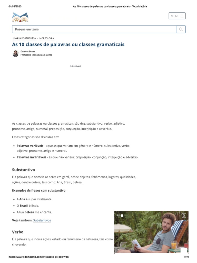As 10 Classes de Palavras Ou Classes Gramaticais - Toda Matéria | PDF