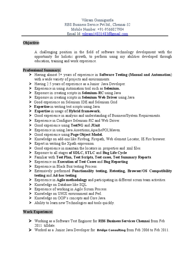 Vikram - Testing - Resume - With 5+ Years Exp | PDF | Selenium ...