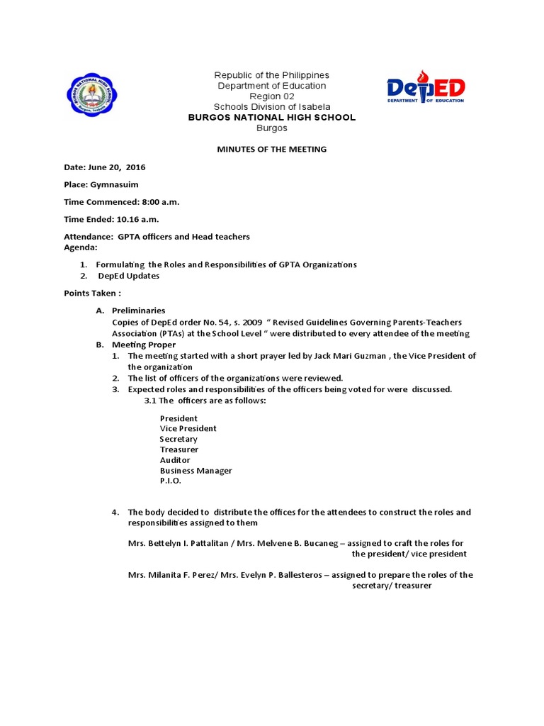 GPTA Meeting Highlights Roles and Responsibilities | PDF | Presidents ...