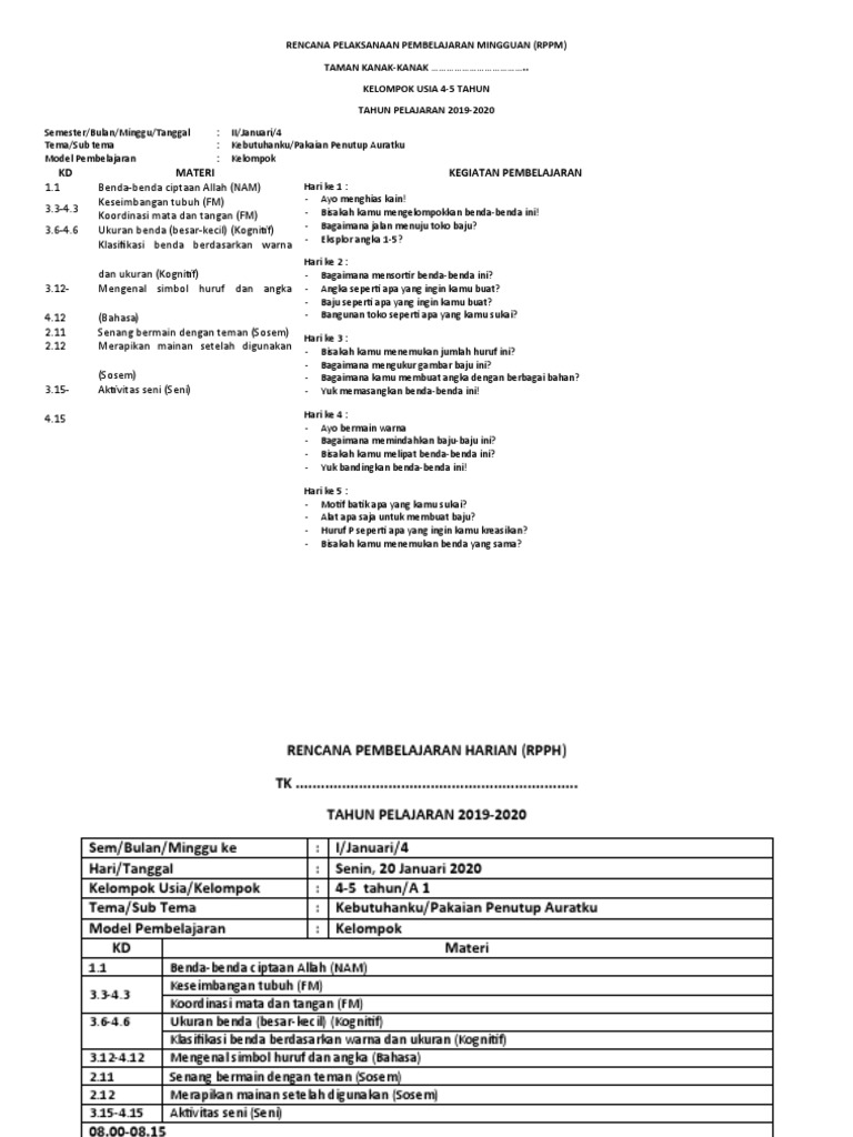 RPPM Dan RPPH TK | PDF