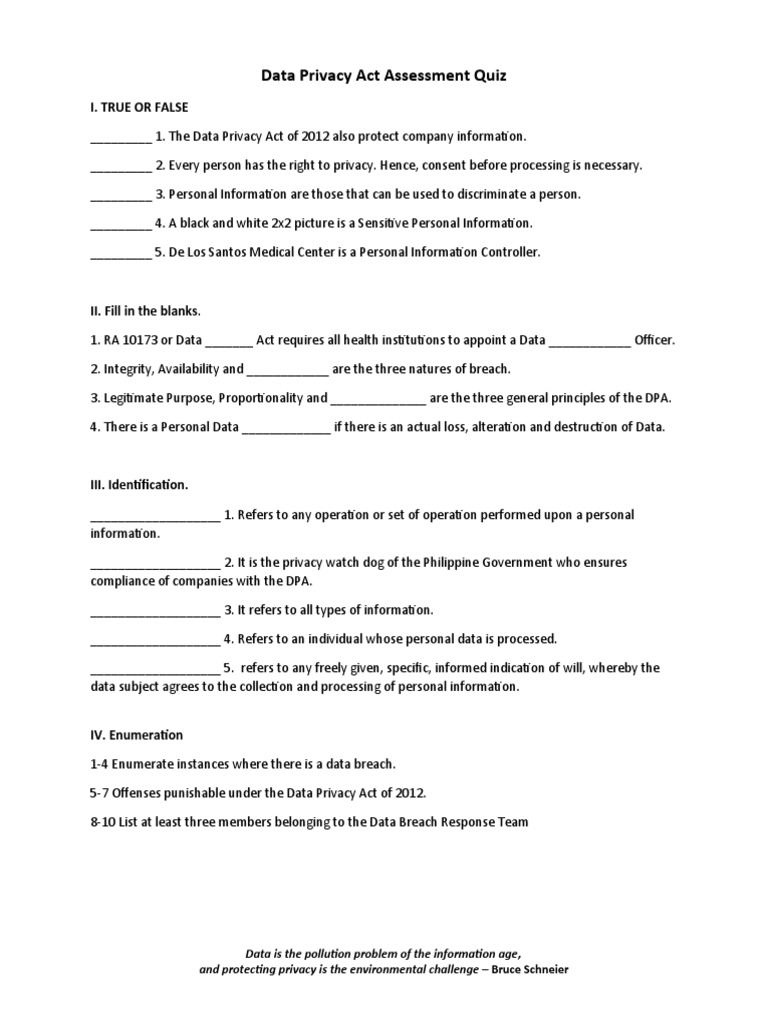 Data Privacy Act Assessment Quiz | PDF | Privacy | Information Privacy