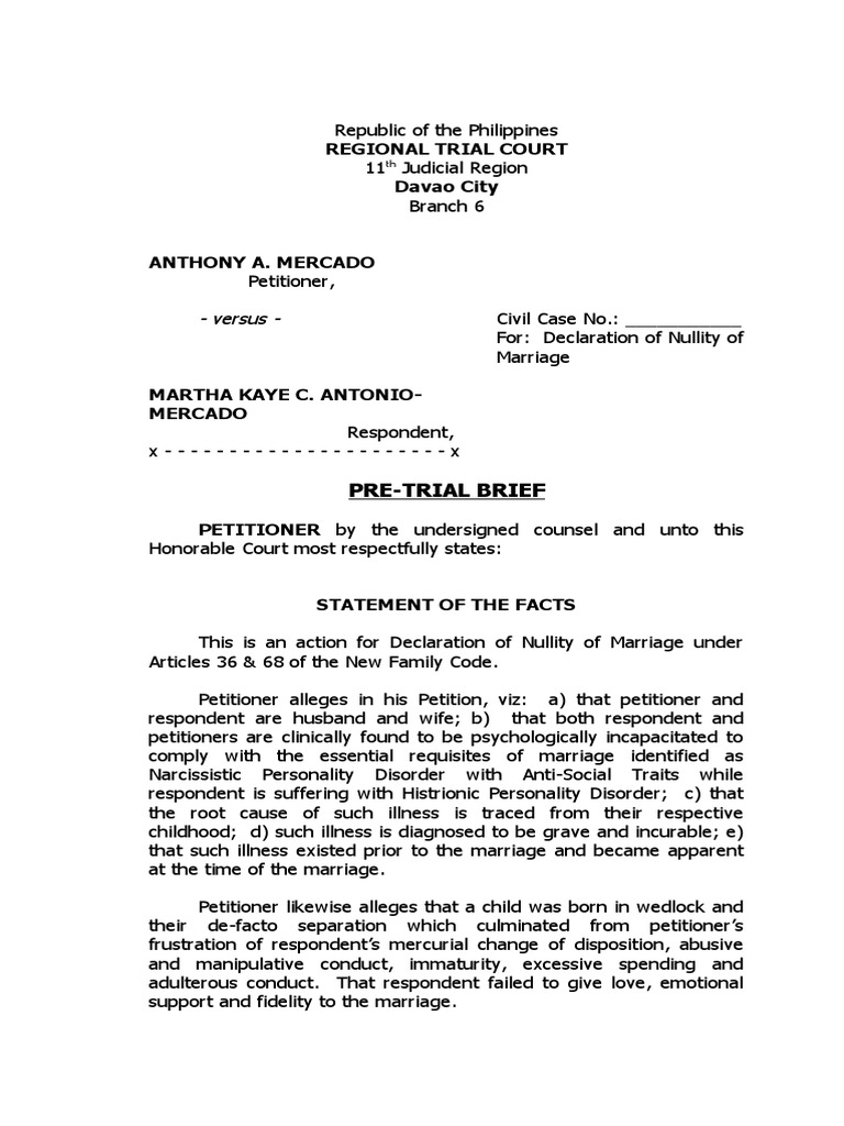 Pre-Trial Brief | PDF | Marriage | Testimony