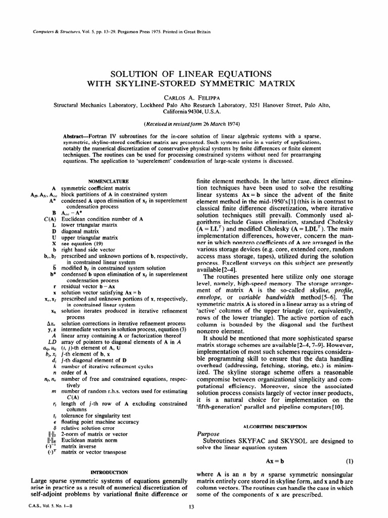 (Felippa) Solution of Linear Equations With Skyline-Stored Symmetric Matrix | PDF | Matrix ...