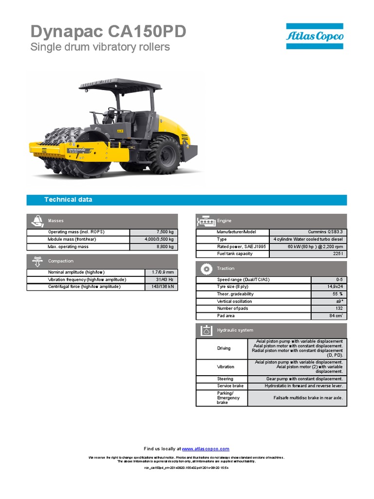 Dynapac CA150PD Roller Specifications | PDF | Engines | Horsepower