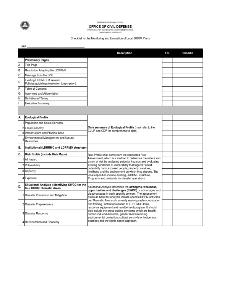 Checklist Monitoring & Evaluation of LDRRMPs | PDF | Emergency ...