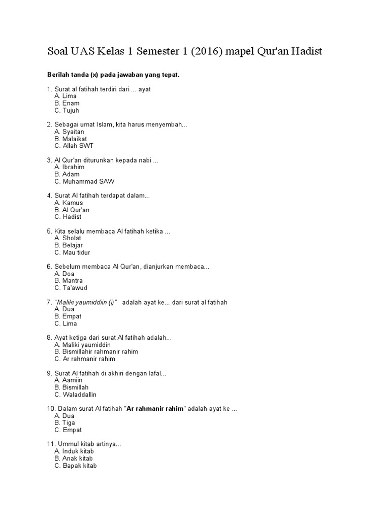 Soal UAS Kelas 1 Semester 1 Al Qur'an Hadist | PDF | Kajian Bahasa Asing | Agama & Spiritualitas