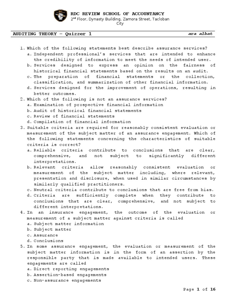 Aud Theo Quizzer 1 | PDF | Financial Audit | Internal Control