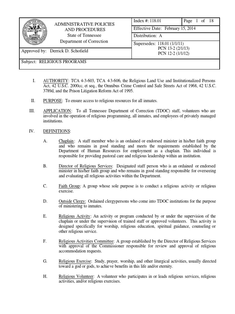 Tennessee Inmate Religious Programs Policy | PDF | Chaplain | Clergy