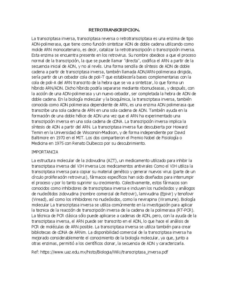 RETROTRANSCRIPCION | PDF | La transcriptasa inversa | Bioquímica