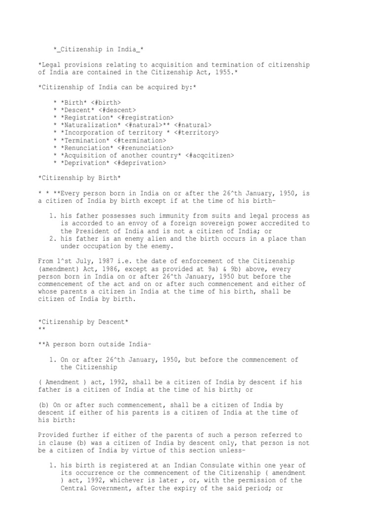 Indian Citizenship Act Overview | PDF | Naturalization | Citizenship