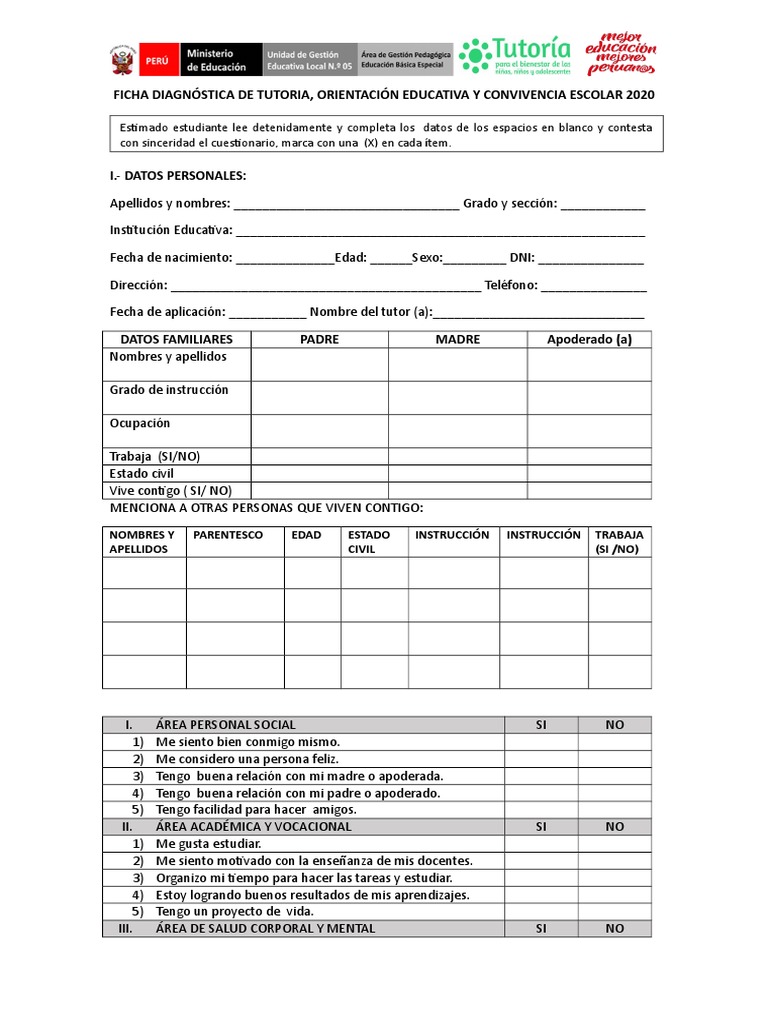1 Ficha Diagnostica de Tutoria Del Estudiante 2020 | PDF | Conceptos psicologicos | Modificación ...