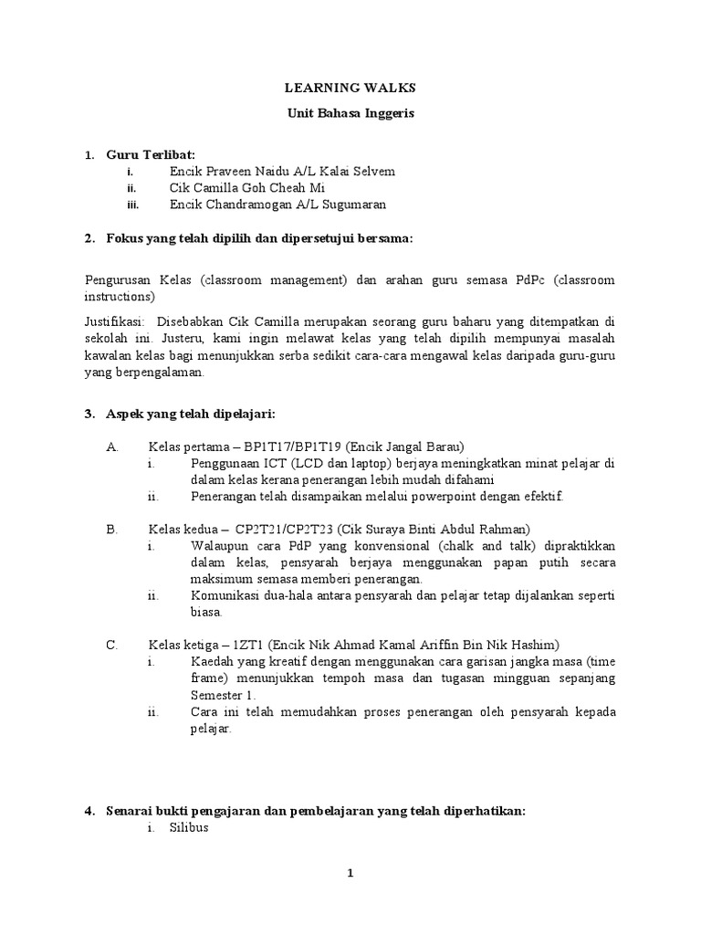Contoh Pelaporan Learning Walk | PDF