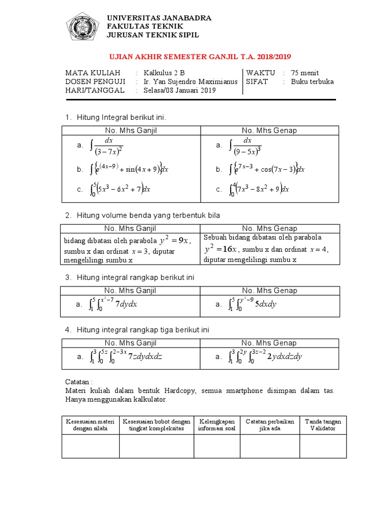 Ujian Akhir Kalkulus 2 Teknik Sipil | PDF