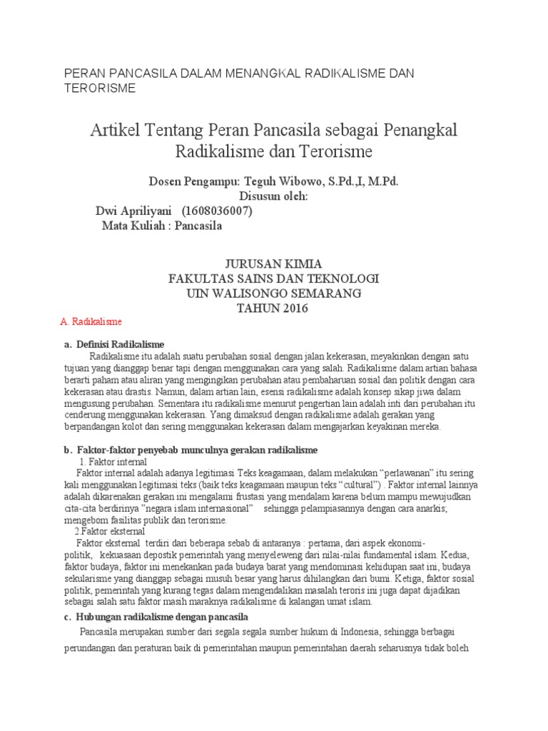 Peran Pancasila Dalam Menangkal Radikalisme Dan Terorisme | PDF