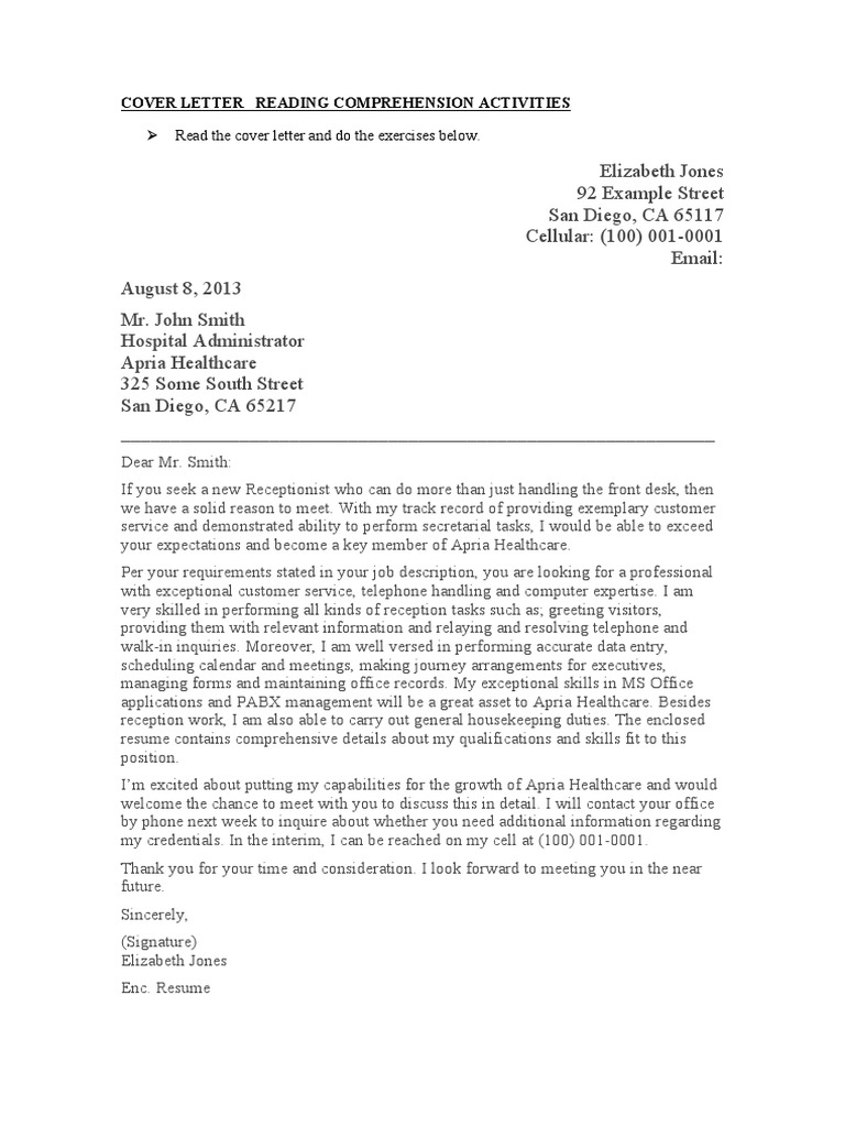 Cover Letter Comprehension Activities | PDF | Business