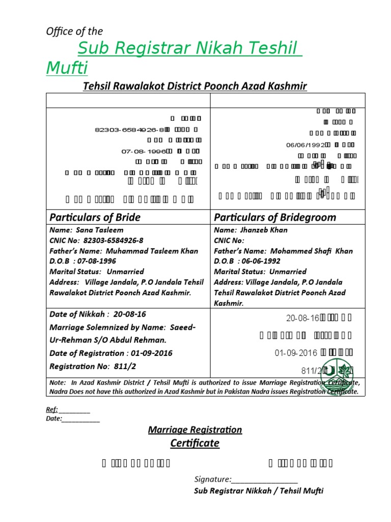 Nikah Registration Muhammad Shafi Khan | PDF | Kinship And Descent ...