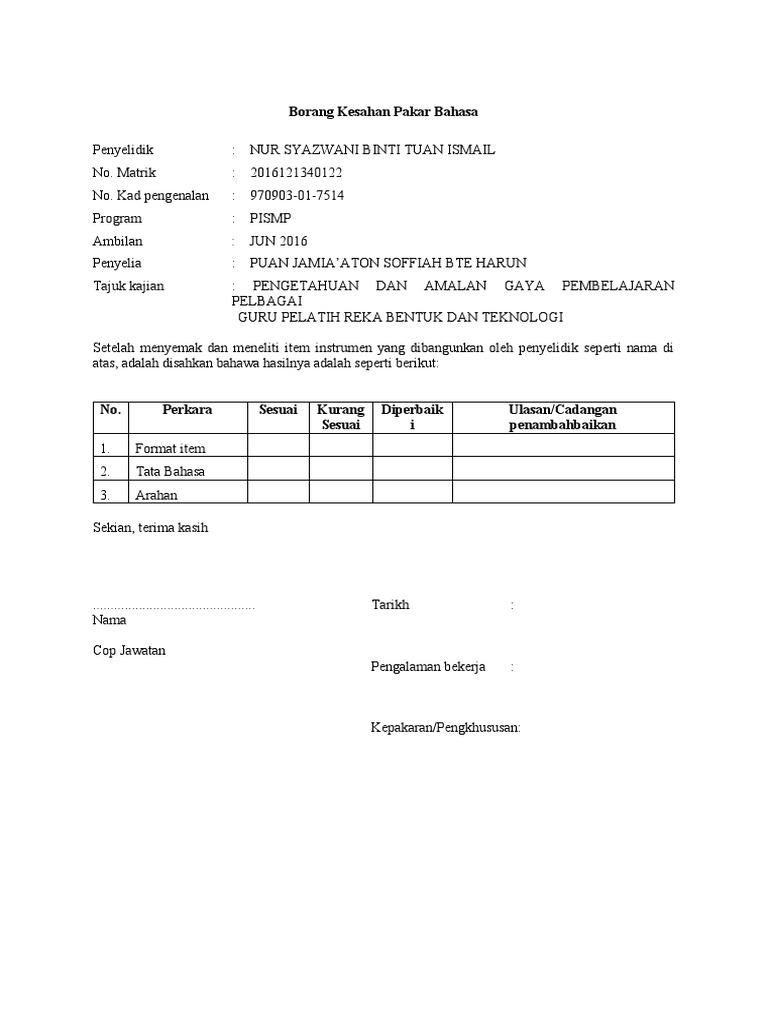 Borang Kesahan Pakar Instrumen Kajian | PDF | Karier & Perkembangan | Seni