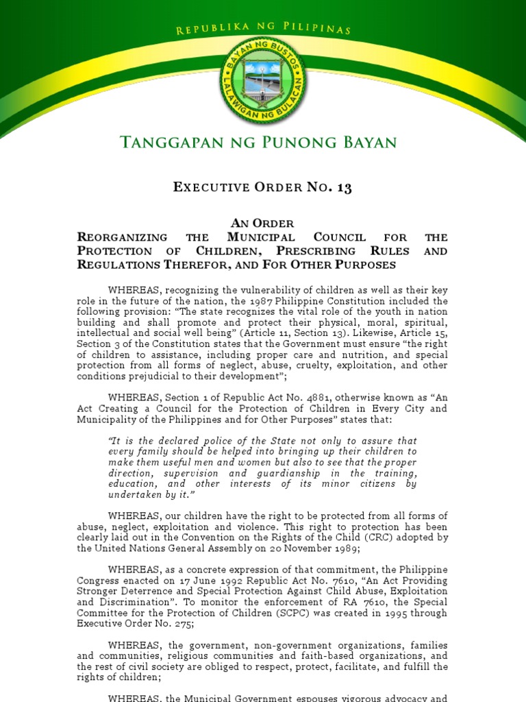Executive Order No 13 (Council For The Protection of Children ...