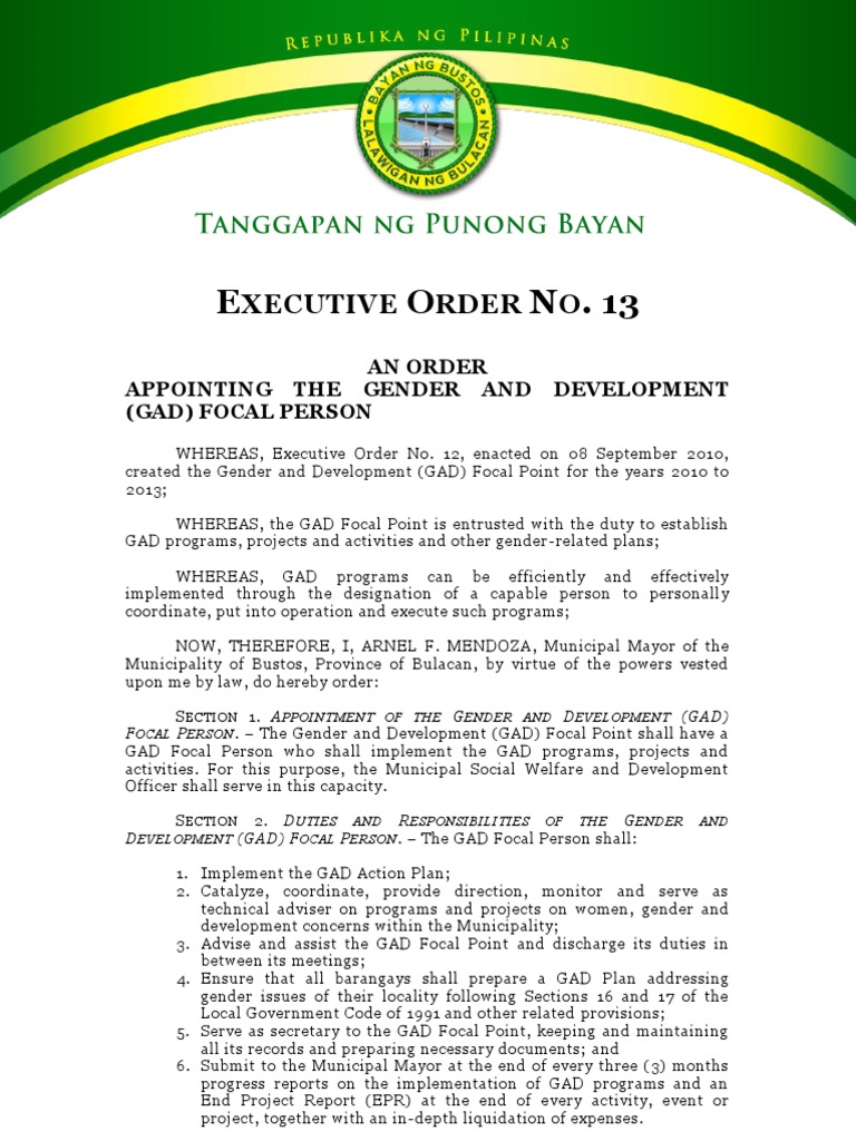 Executive Order No 14 (GAD Focal Person) | PDF | Social Institutions ...