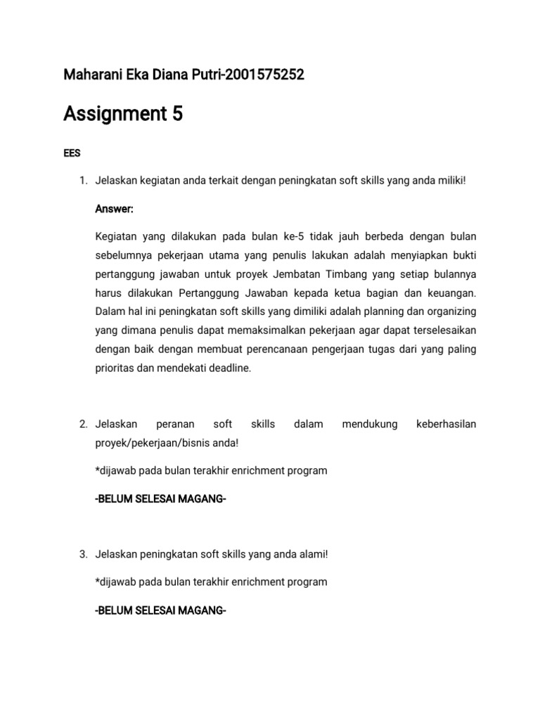 Assignment Bulan 5 - EES IN CS RS EN - Maharani Eka Diana Putri - 2001575252 - Finance | PDF