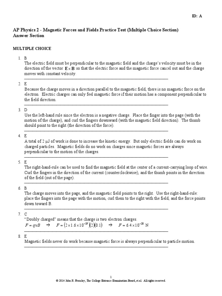 Practice Test MC (SOLUTIONS) - Unit P2-09 (Magnetic Forces and Fields ...