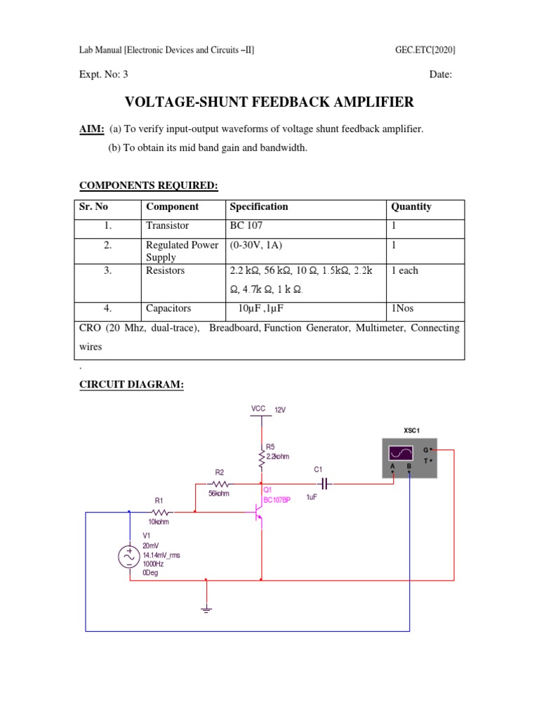 Expt 3: Voltage Shunt Feedback Amplifier (2020) | PDF | Amplifier | Feedback