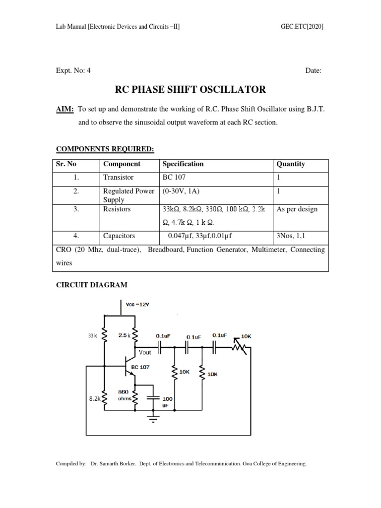 Expt 4 RC Phase Shift Oscillator (2020) | PDF | Electronic Oscillator ...