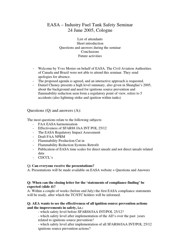 Easa Fuel Tank Safety 24062005 Qa Summary | PDF | Federal Aviation ...