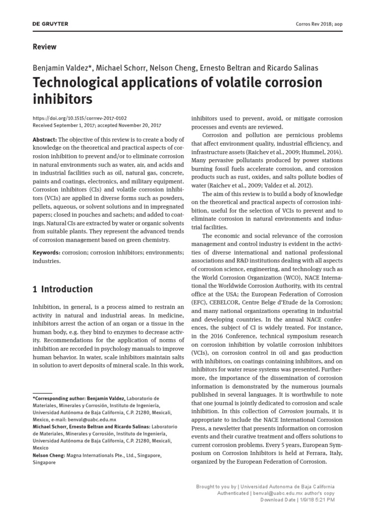 (Corrosion Reviews) Technological Applications of Volatile Corrosion ...
