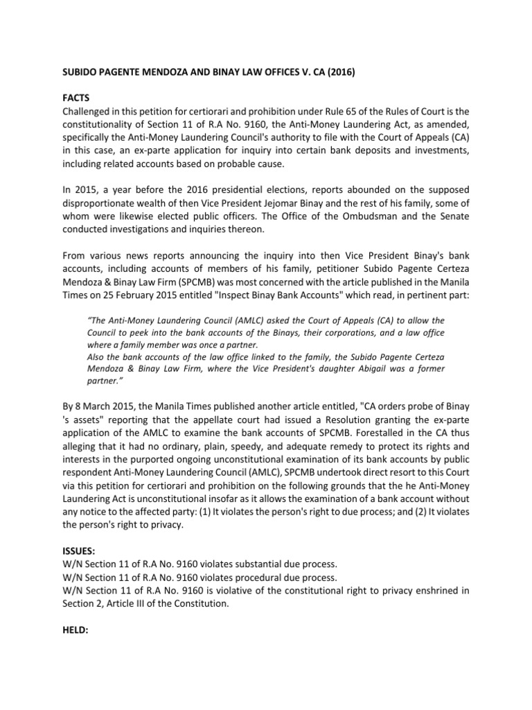 Subido Binay V CA - Digest | PDF | Money Laundering | Banks