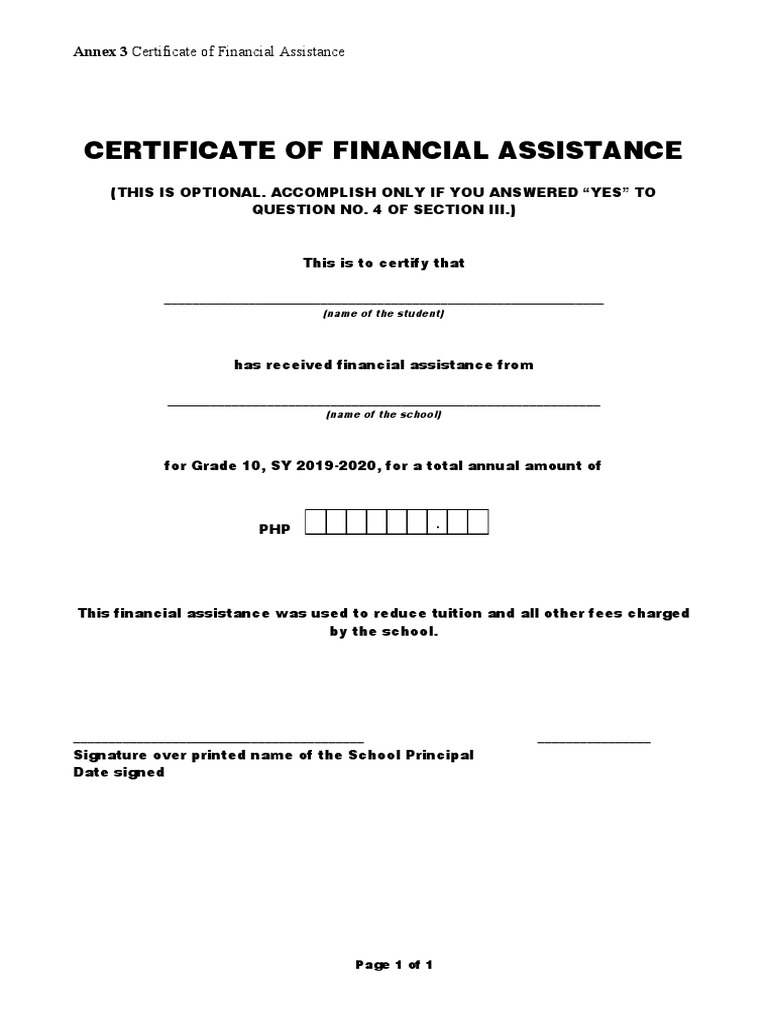(DO) Annex 3 Certificate of Financial Assistance | PDF
