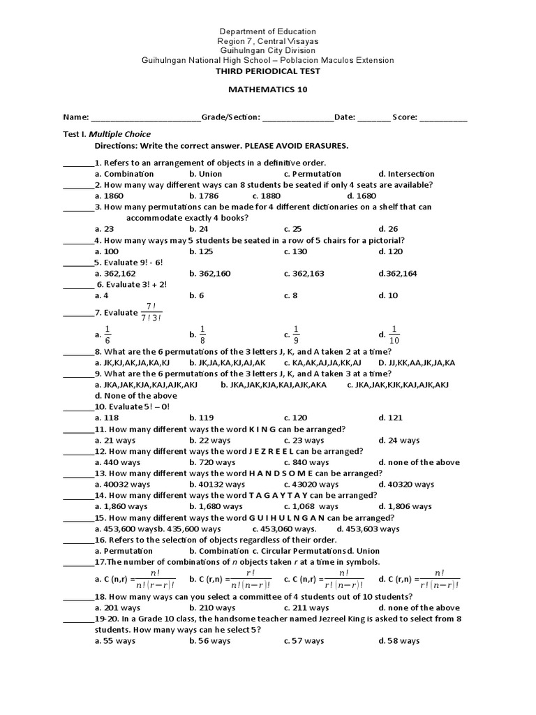 Periodical Test For Grade 10 | PDF | Permutation | Teaching Mathematics