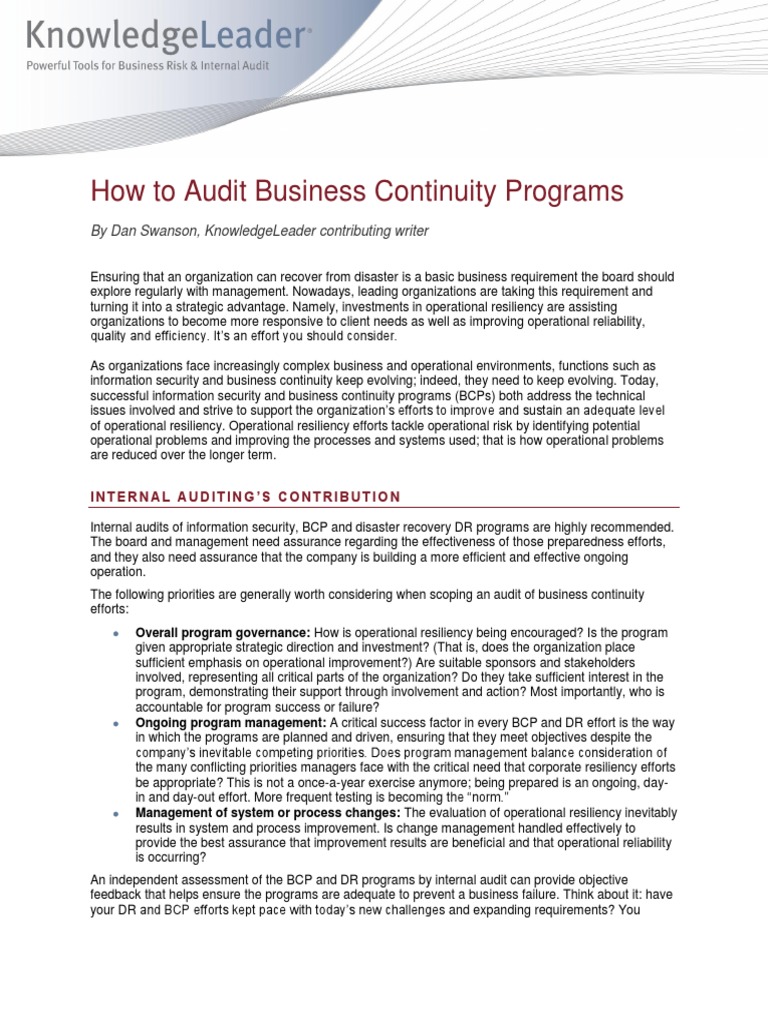 How To Audit Business Continuity Programs Pdf Internal Audit