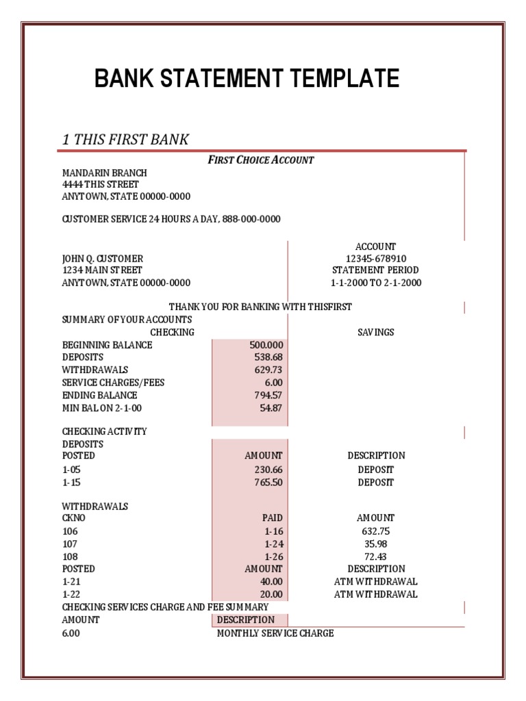 Bank Statement Template 16 PDF | Download Free PDF | Cheque | Deposit ...